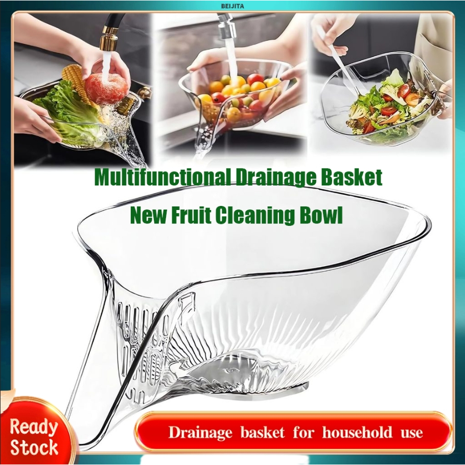 Drainage Basket Plastic Kitchen Vegetable Basin Grey Multifunctional ...