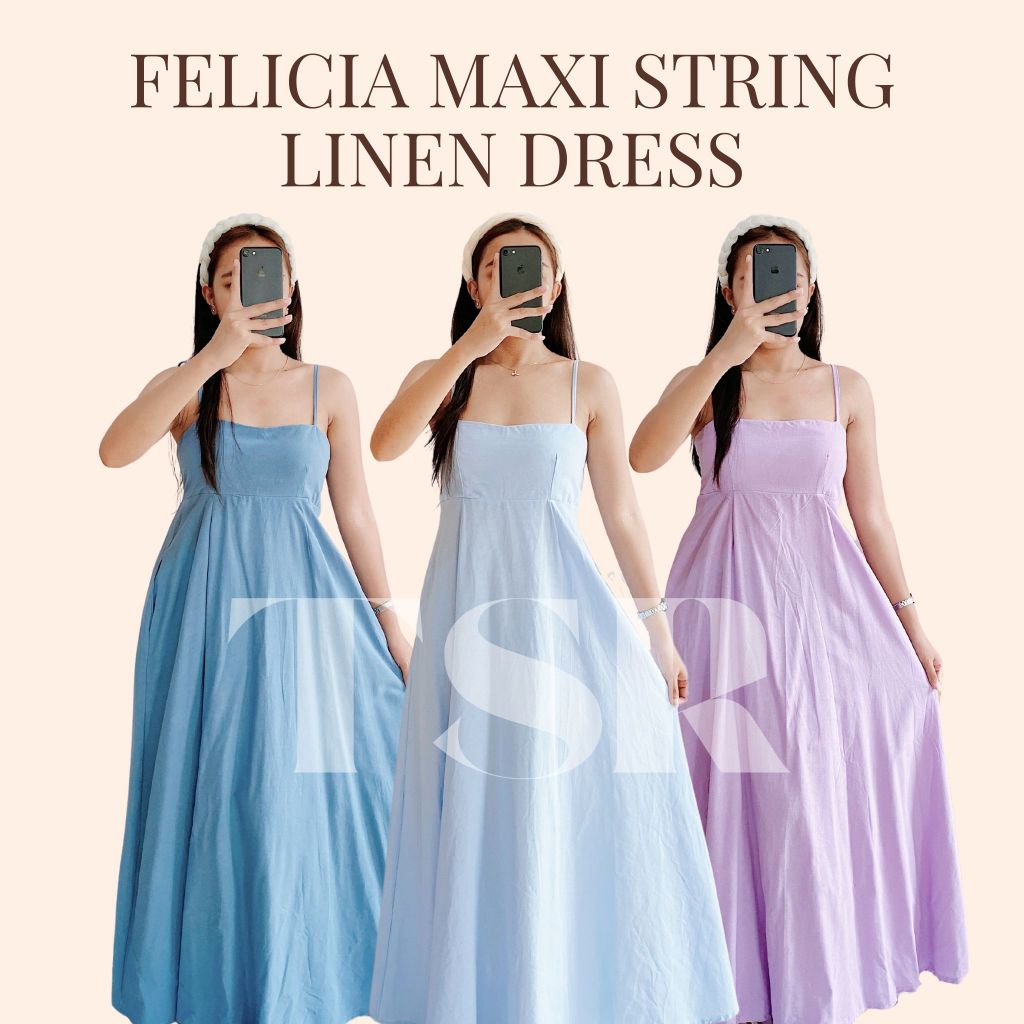 TSR Felicia Maxi String Pocket Linen Dress | Korean BKK Pleated Squareneck Sexy Smocked Vintage ...