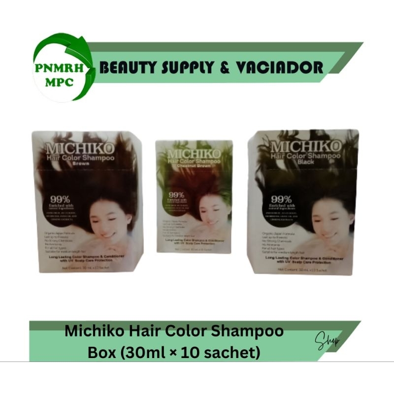 Michiko Hair Color Shampoo Box 30ml x 10 sachet (Black, Brown, Chestnut ...
