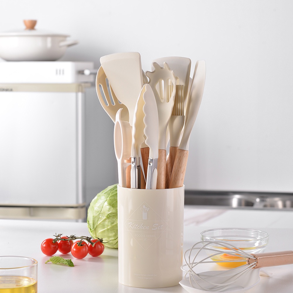 LHK 14&12pcs Silicone Color Beige Cooking Tools Set Kitchen Modern ...