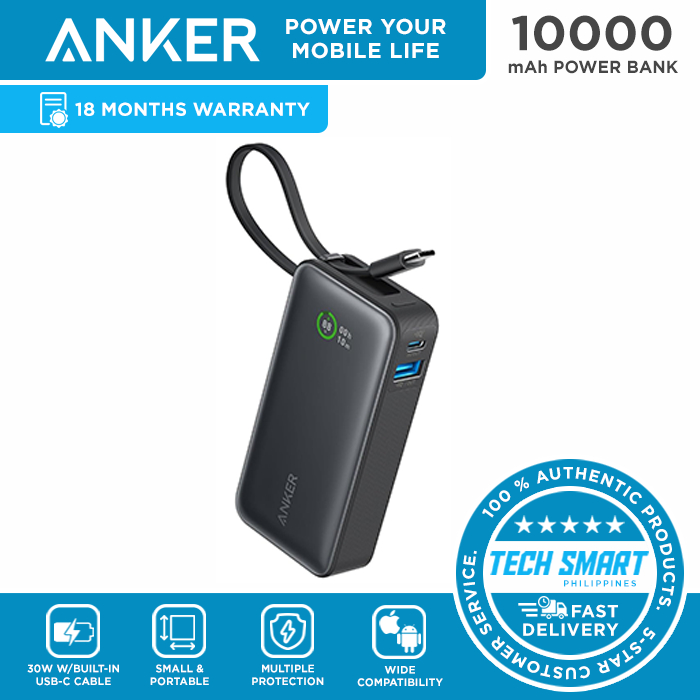 Anker Nano Power Bank, 10,000mAh Portable Charger with Built-in USB-C Cable, PD 30W Max Output ...