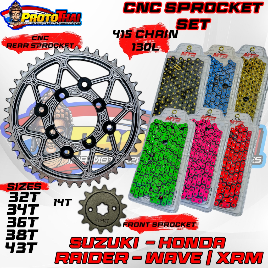 CNC V2.2 SPROCKET SET WAVE XRM RS125 RAIDER 32T 34T 36T 38T 43T "415 ...