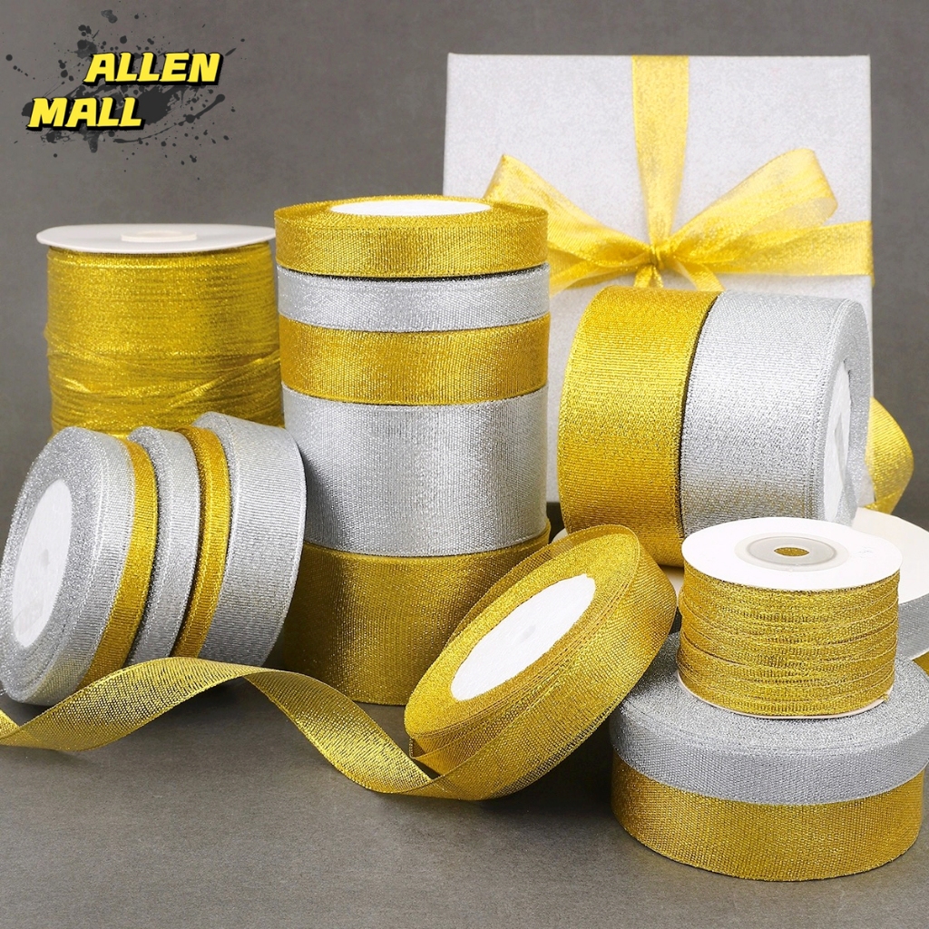 (25Yards/roll) Gold silver ribbon gift packaging holiday celebration ...