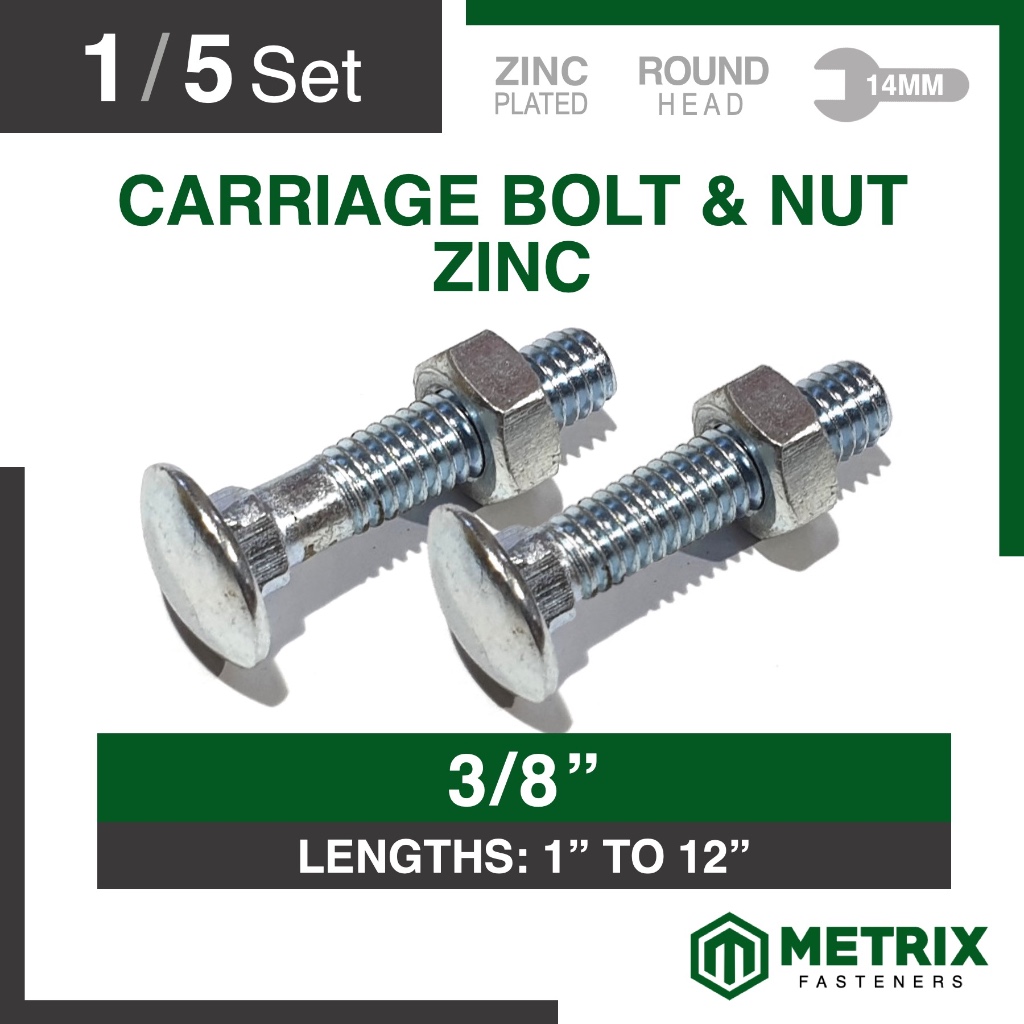 1-5set Carriage Bolt & Nut Zinc / GI Round Head Coach Bolt and Nut 3/8 ...