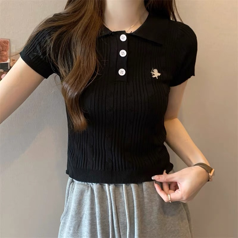 Jolly Chic Embossed Pattern Button Down Polo Neck Knitted Top M1191 ...