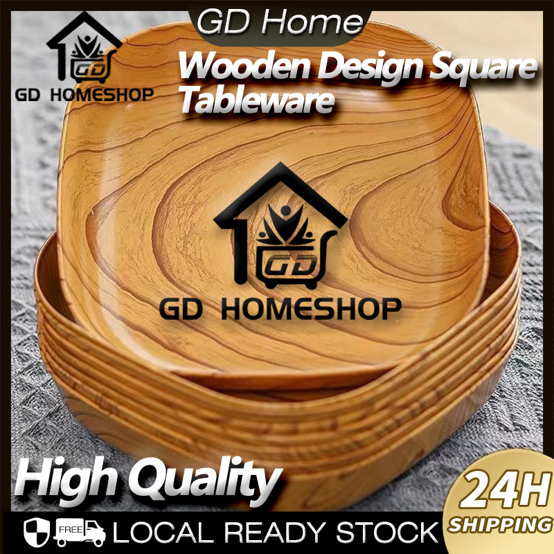 GD Plate Set With Base Kitchenware Plastic Wooden Design Square Snack ...