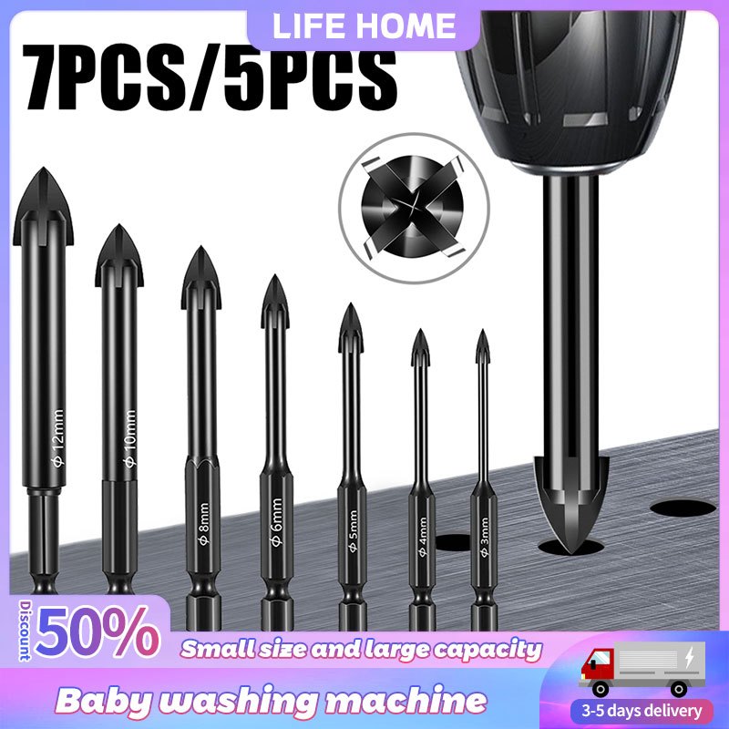 7pcs Glass Concrete Drill Bit Set 3-12mm Cross Hex Tile Ceramic Drill ...