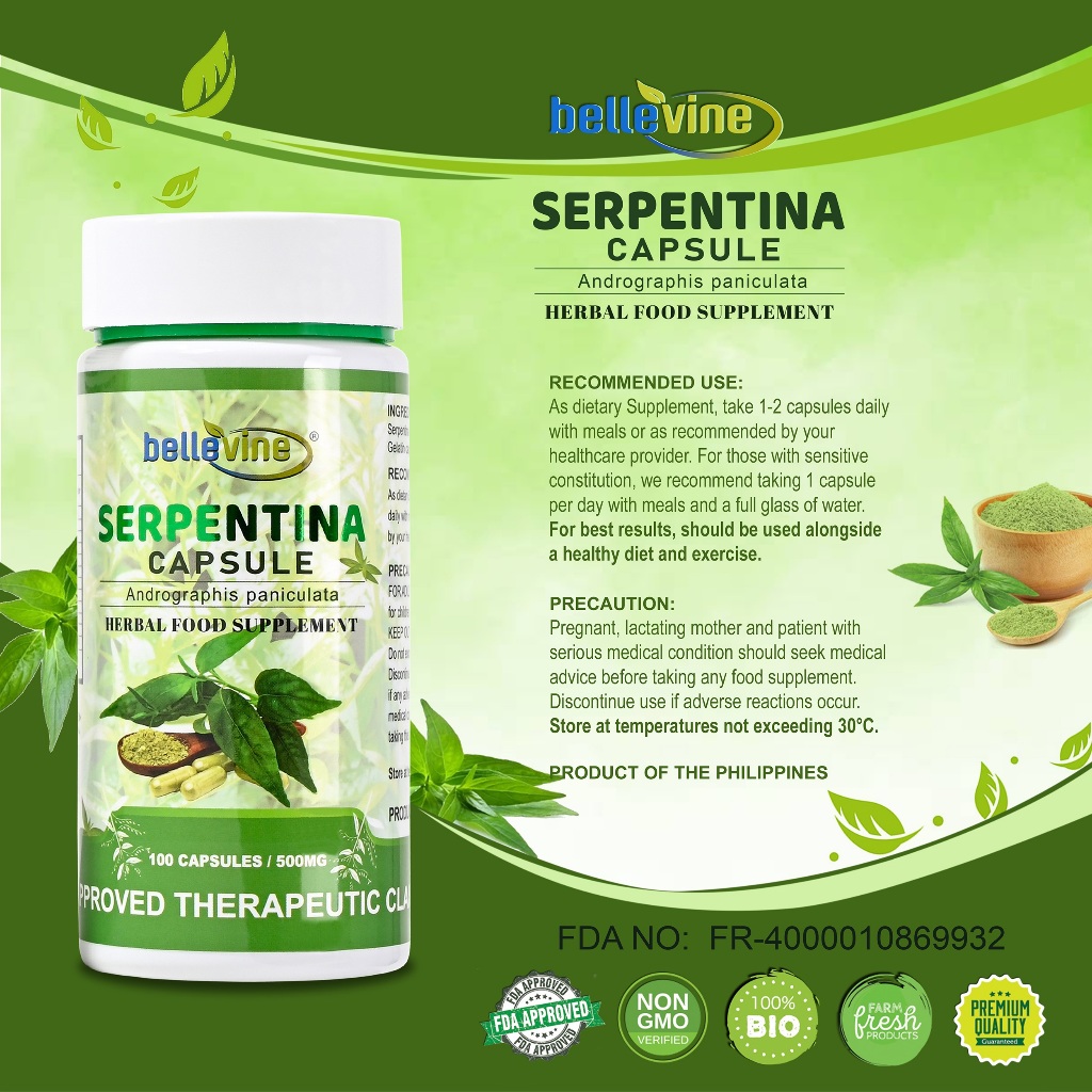 Serpentina Herbal Supplement 100 Capsules x 500mg Bottle (Andrographis ...