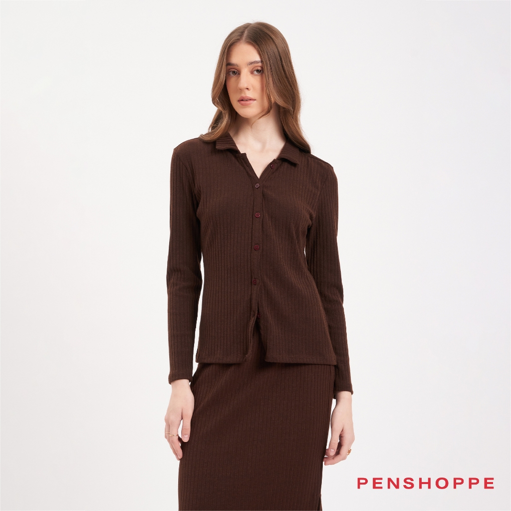 Penshoppe Dress Code Long Sleeve Button Down Top For Women (Brown/Tan ...