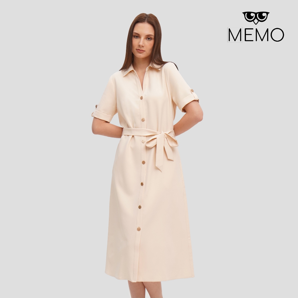 Memo Shirt Dress with Belt For Women (Cream/Olive) | Shopee Philippines
