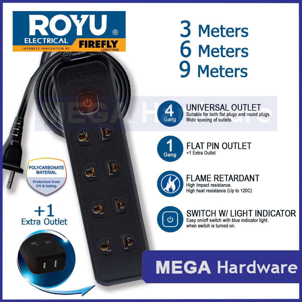 ROYU Extension Cord MAIN SWITCH PUSH BUTTON 4 gang 3m 6m 9m | Shopee ...