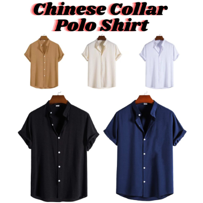 Men's Chinese Collar Polo Shirt Short Sleeves Full Buttons Quality ...