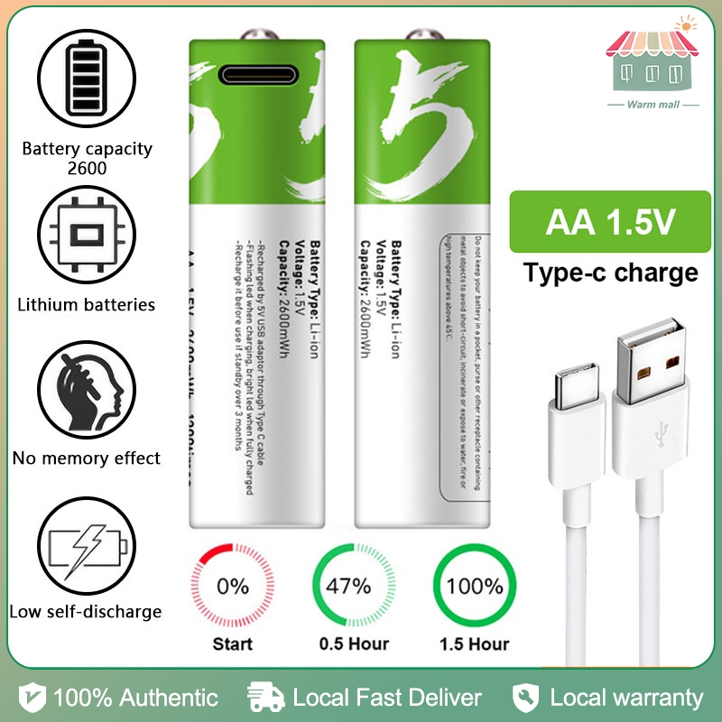 Smartools Rechargeable Battery Li-Ion 1.5V AA/AAA Type C Lithum-Ion ...