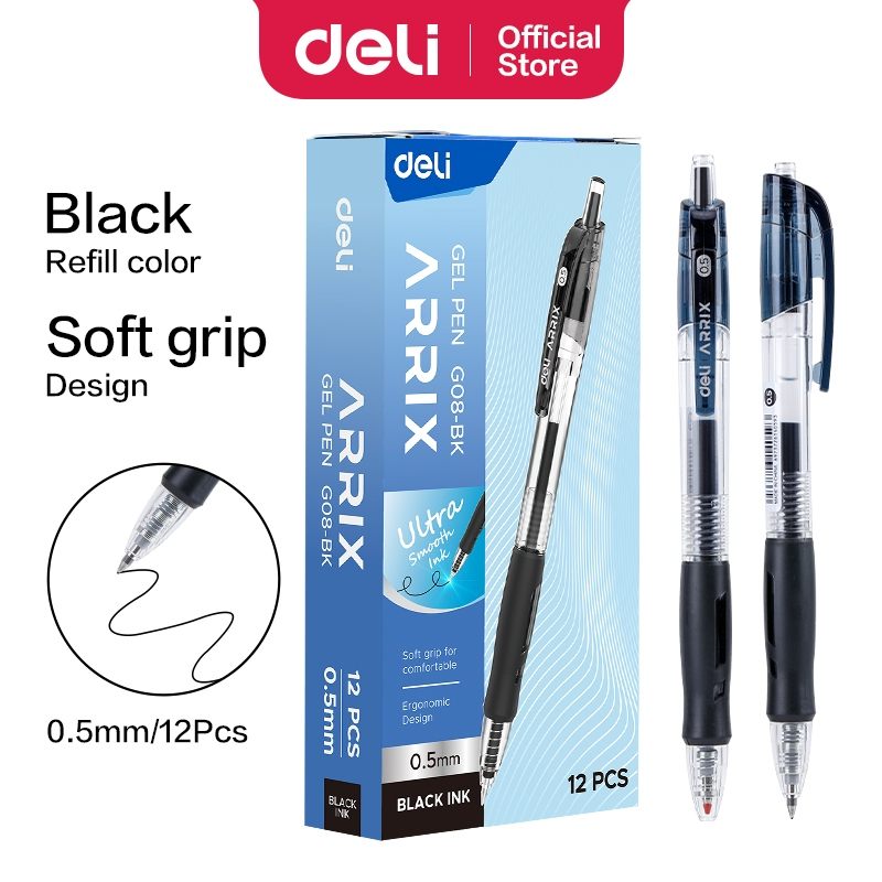 Deli Press Ballpen Gel Pen 0.5mm Black/Blue Ink Sign Writing Pen School ...