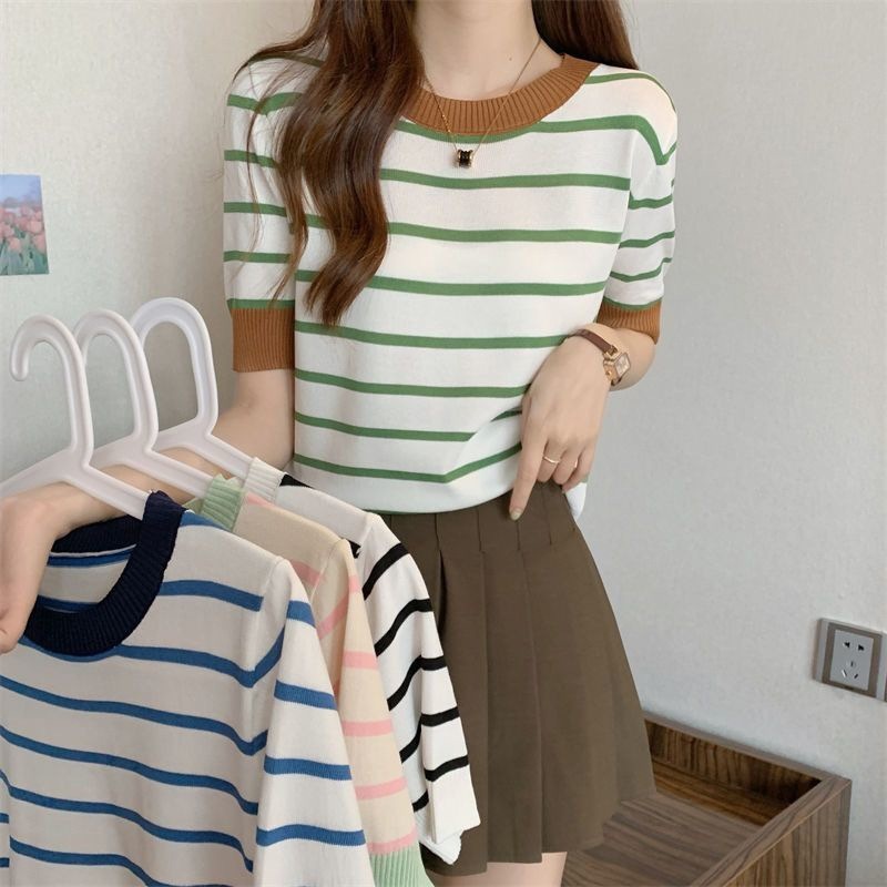 Jolly Chic Color Contrast All-match Stripe Basic Knitted Top M1199 ...