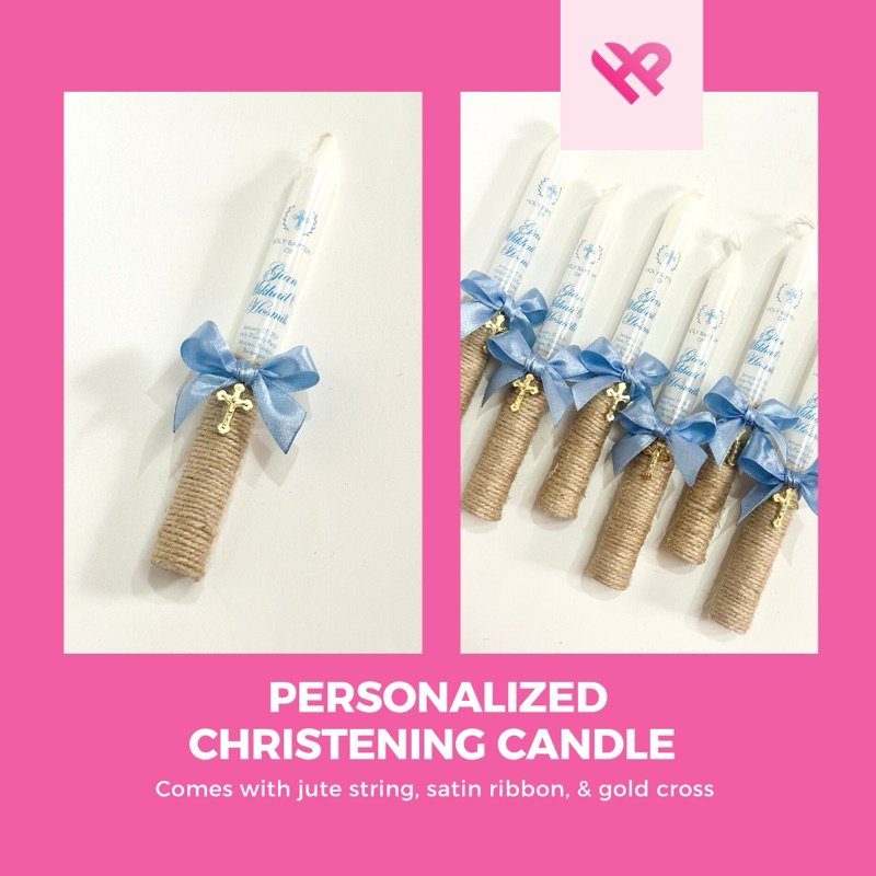 PERSONALIZED CHRISTENING CANDLE - JUTE & SATIN (Heart Pieces by Nikhail ...