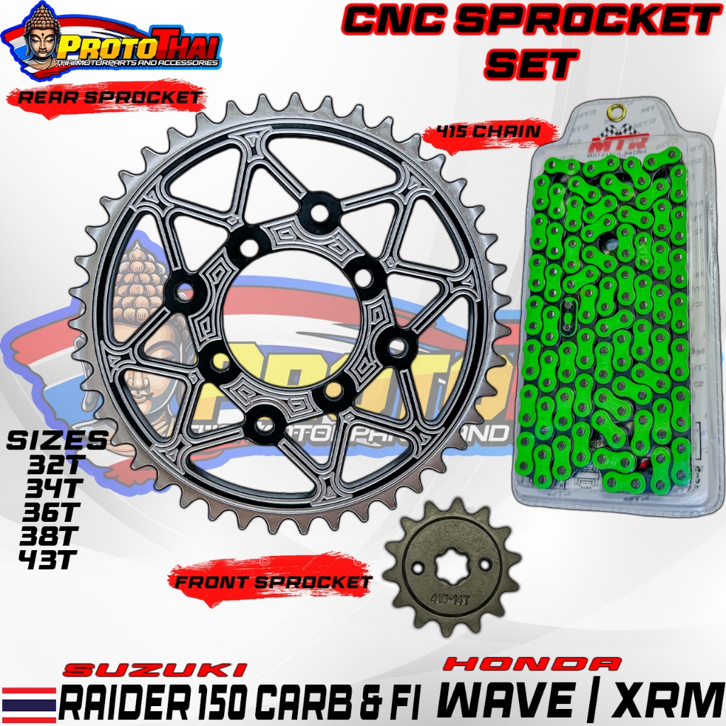 CNC V2.2 SPROCKET SET WAVE XRM RS125 RAIDER 32T 34T 36T 38T 43T "415 ...