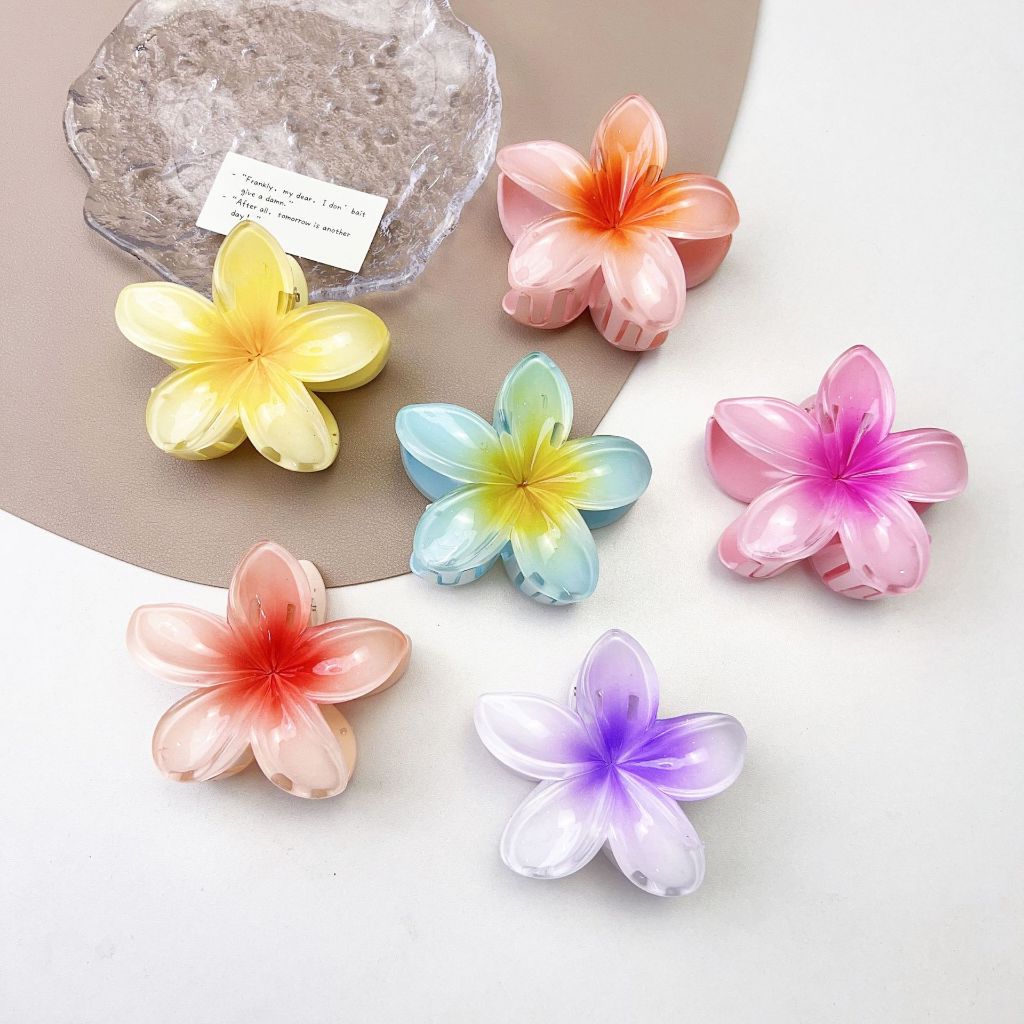 Bright Plumeria Flower hair Clamp back of head bun grab shark clip ...