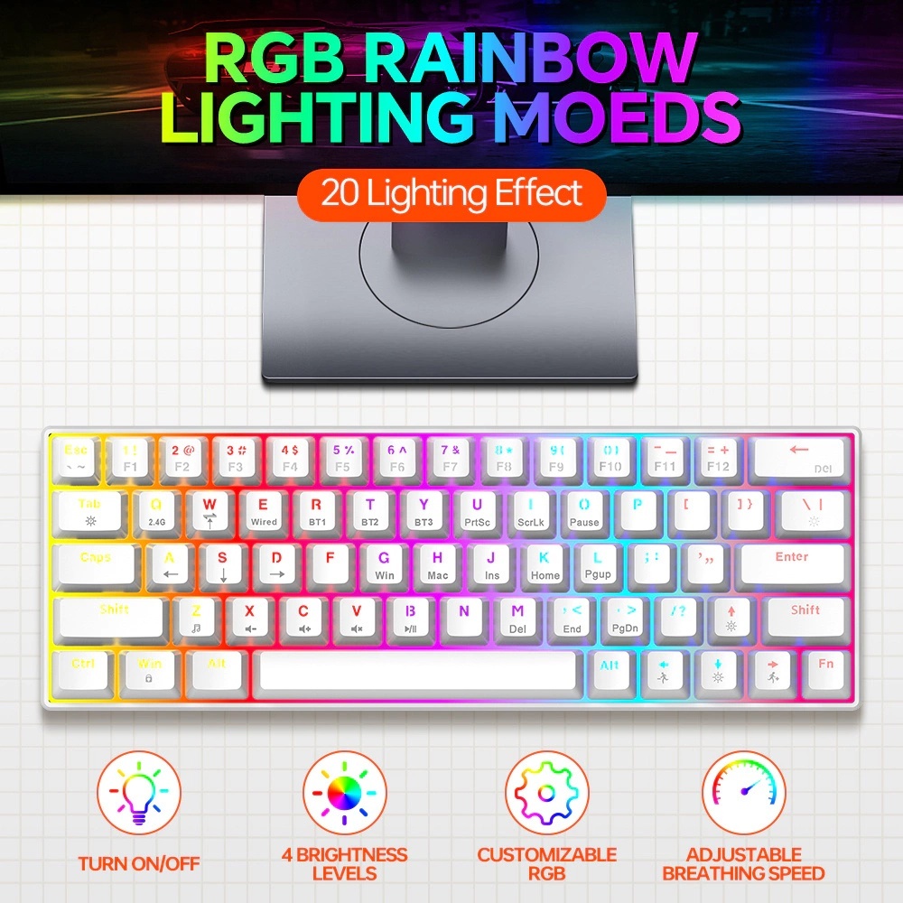 60% one handed mechanical blue switch keyboard 3-modes connection wired ...