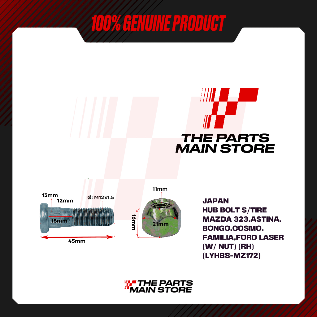 JAPAN HUB BOLT S/TIRE MAZDA 323,ASTINA,BONGO,COSMO,FAMILIA,FORD LASER W ...