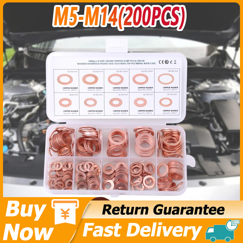 200pcs/set M5-M14 Professional Assorted Copper Washer Gasket Set Flat ...