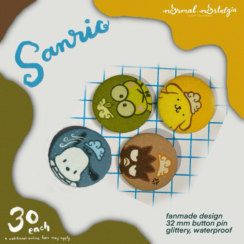 [SANRIO] MINI 32MM/1.25 INCH GLITTER BUTTON PINS (Badtz-Maru Keroppi ...