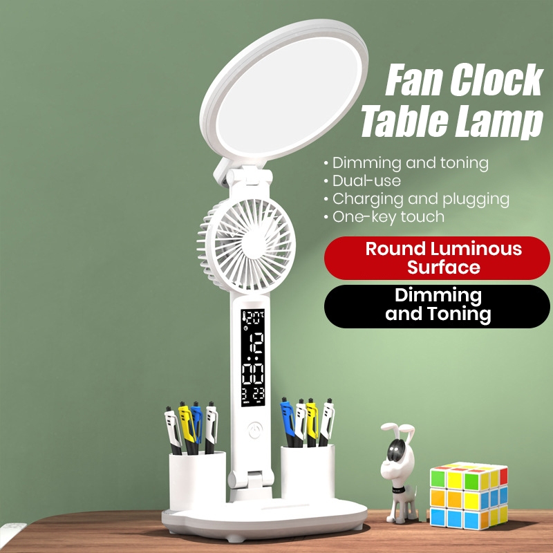 3color LED Multifunctional Fan desk lamp with fan clock USB dual head ...