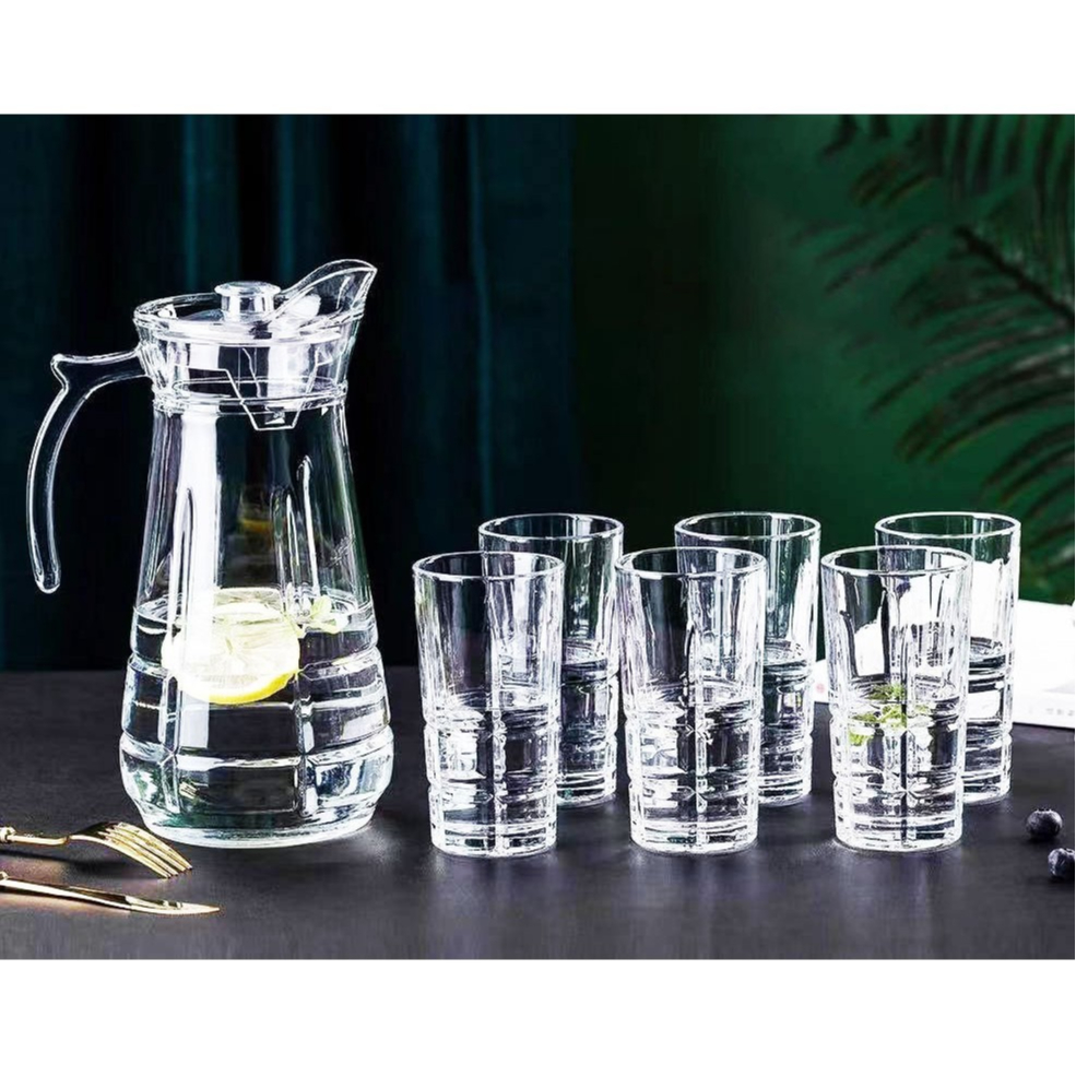 DELI embossed glass water pitcher set with six coups set YZH-33/L7 | 34-L7 | 35-L7 | 36-L7 ...
