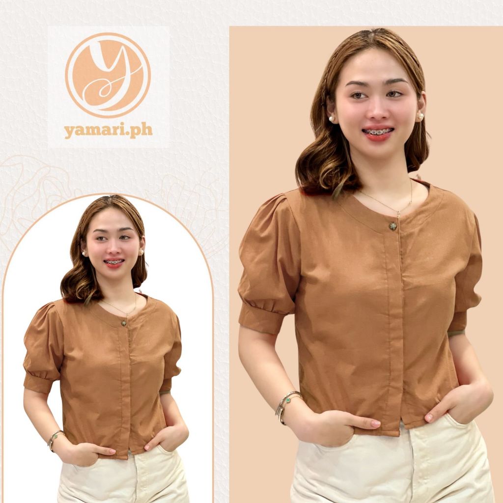 Yamari.PH Basic Casual linen round neck puffsleeves buttondown Polo top | VANESSA | Shopee ...