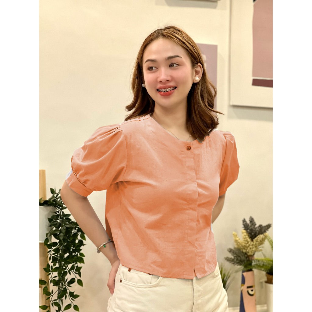 Yamari.PH Basic Casual linen round neck puffsleeves buttondown Polo top | VANESSA | Shopee ...