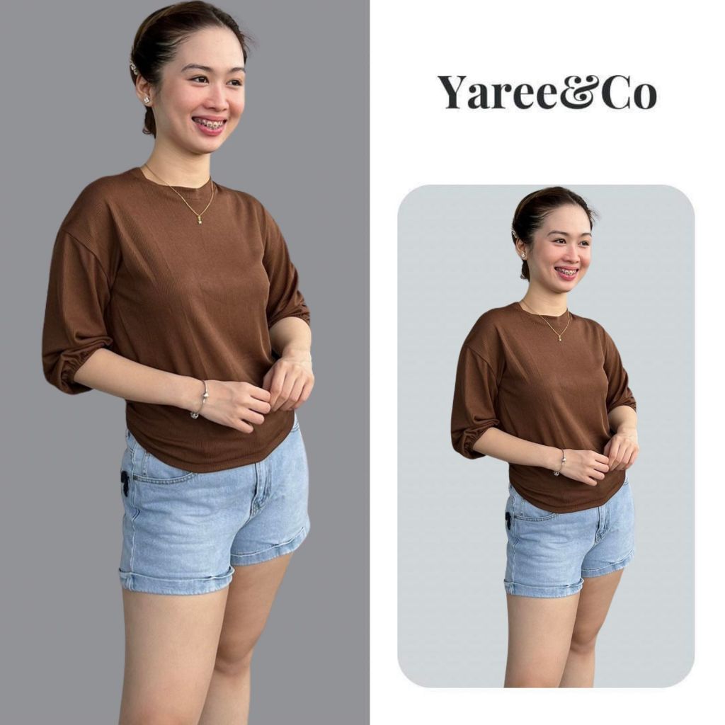 Yaree&Co. Jade Drop Shoulder 3/4 Sleeves Waffle Knit T-shirt Top ...