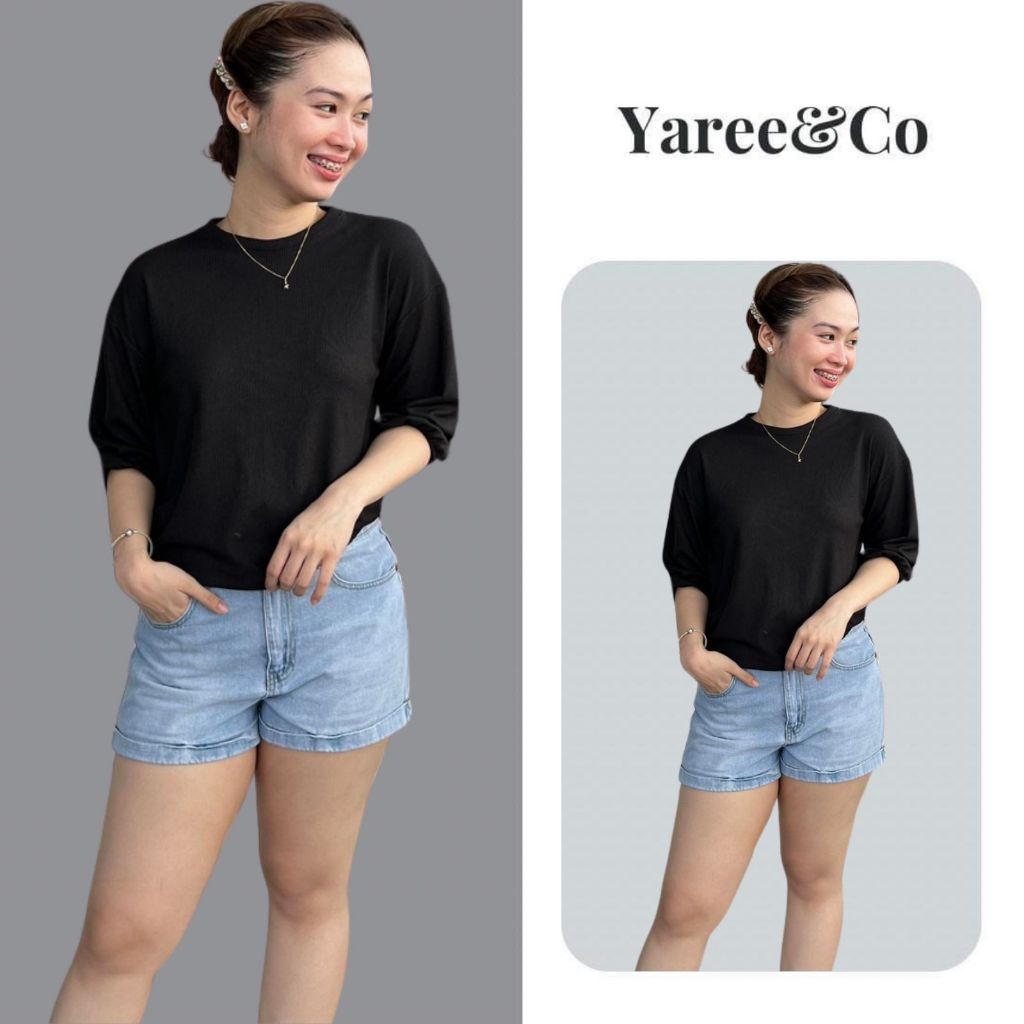 Yaree&Co. Jade Drop Shoulder 3/4 Sleeves Waffle Knit T-shirt Top ...