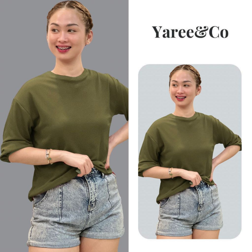 Yaree&Co. Jade Drop Shoulder 3/4 Sleeves Waffle Knit T-shirt Top ...