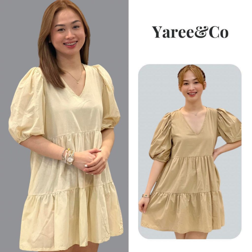 Yaree&Co Melissa V Neck Puff Sleeve Tiered Mini Dress | Shopee Philippines