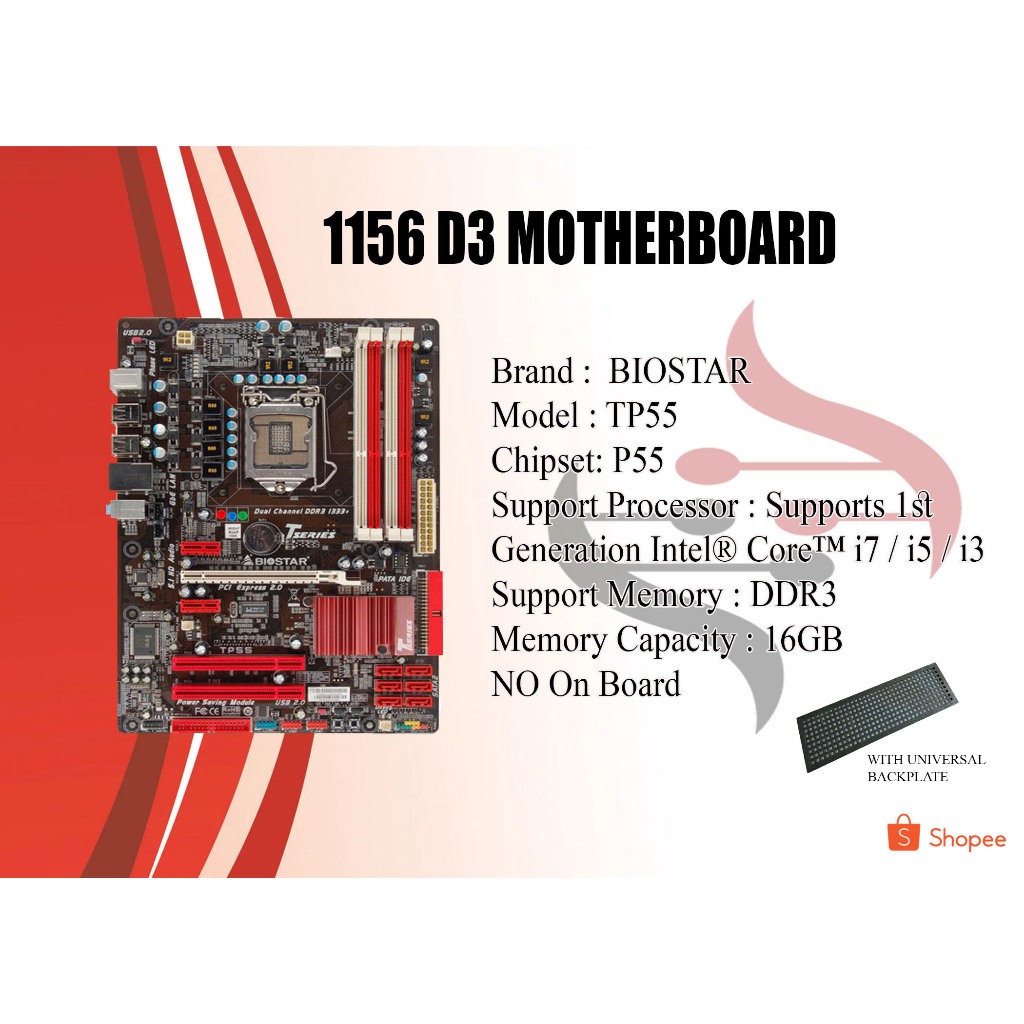 Socket 1156 D3 NO OB Motherboard BIOSTAR TP55 (With Universal Backplate) | Shopee Philippines