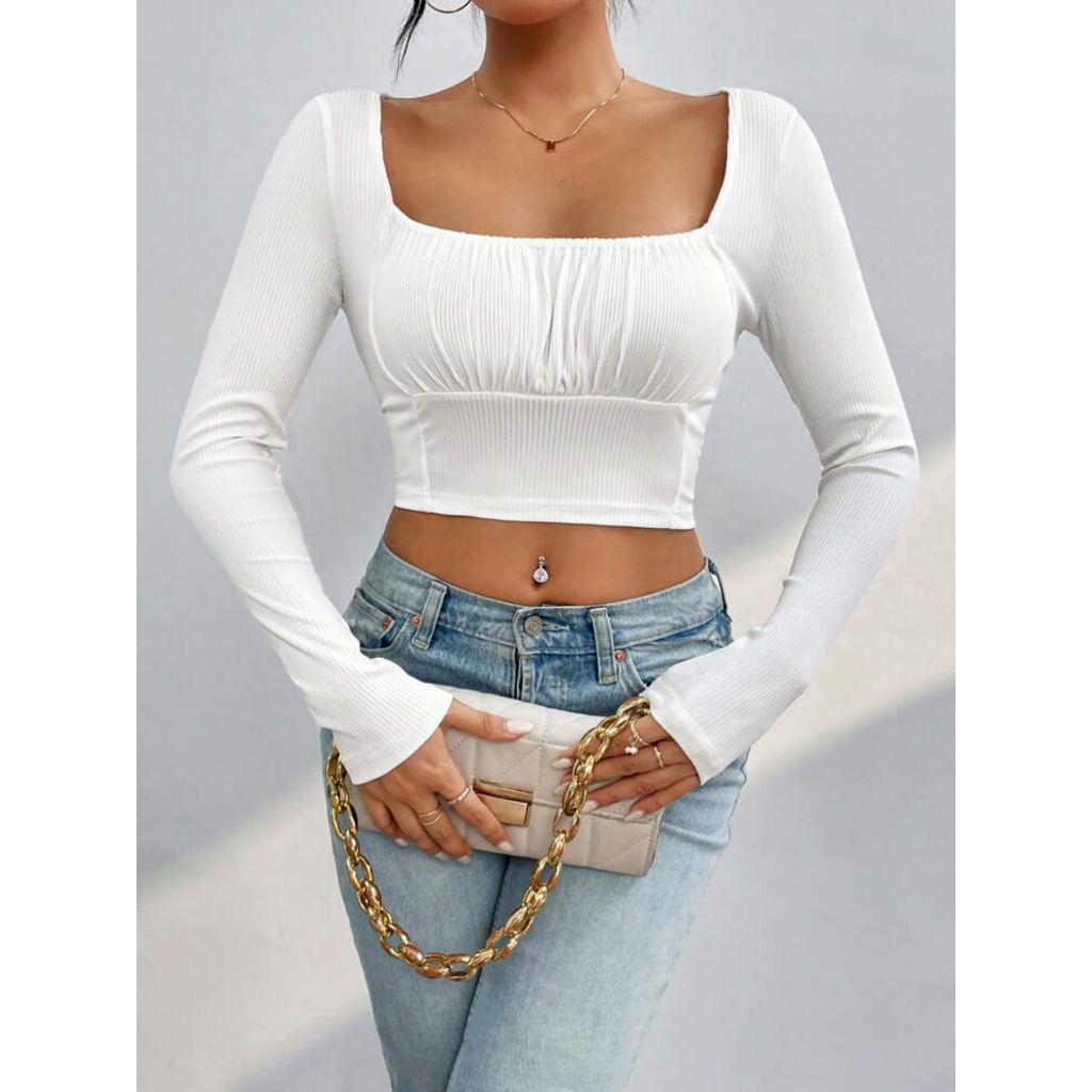Angelcity Square Neck Ruched Bust Crop Top Long Sleeve | Shopee Philippines