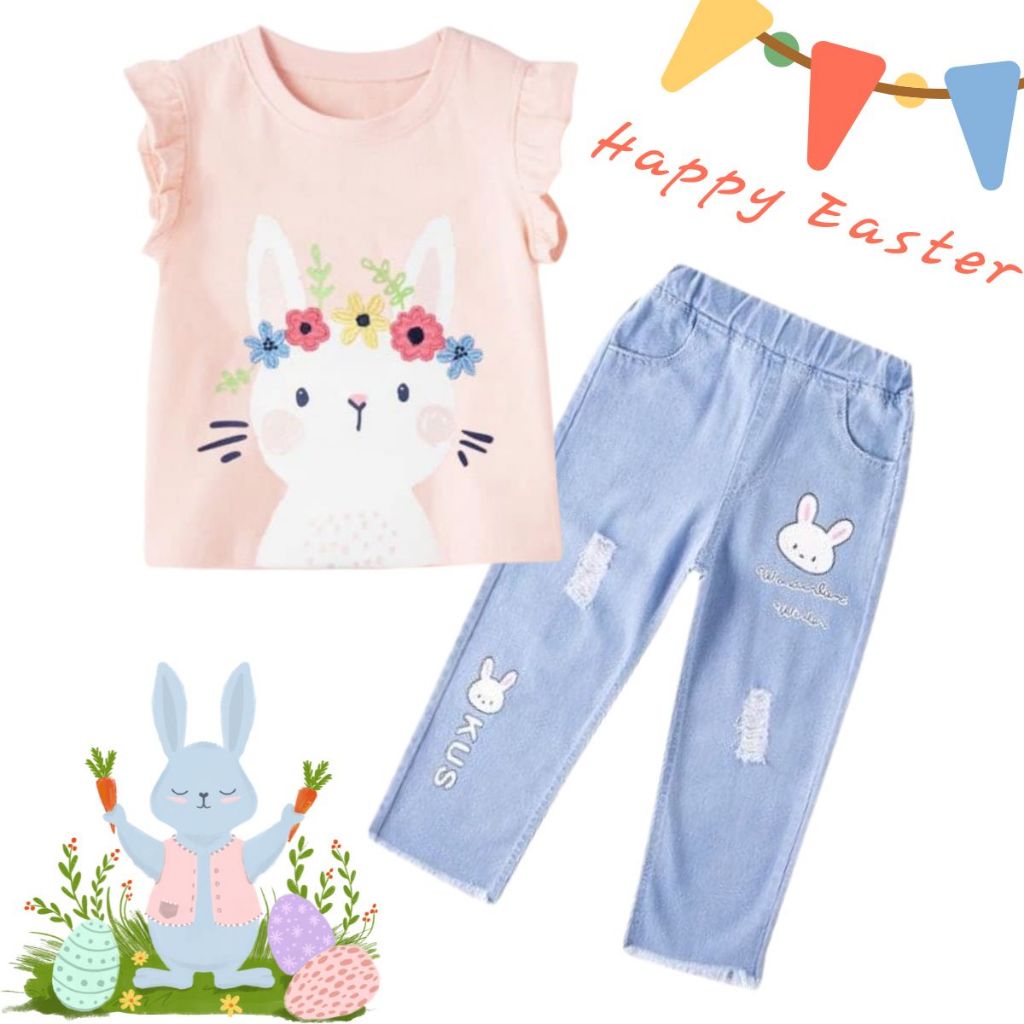 Bunny Theme OOTD Terno Set for Kids Girls Korean Ruffle Shirt ...