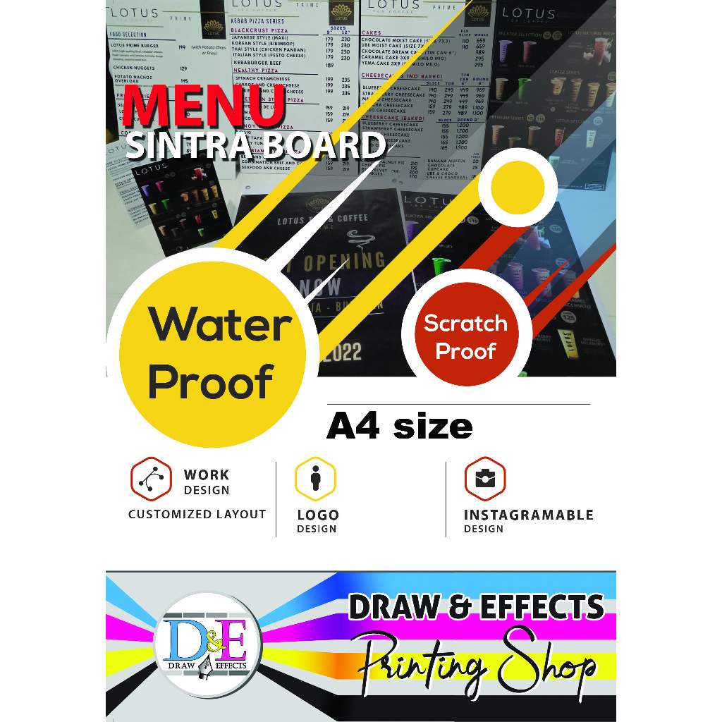 Menus on Sintra Board / Small sizes A4-A3 (ONE SIDE PRINT ONLY) with or ...