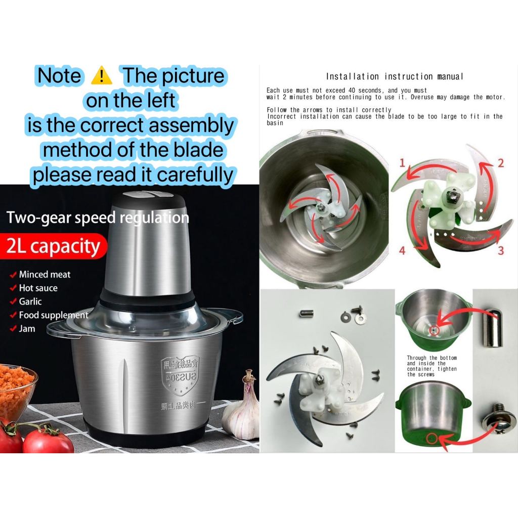WXD 2L Stainless Steel Meat Grinder, Home Cooking Machine blender Multi ...