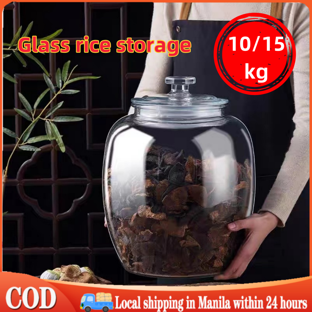 Glass rice storage container 15kg/10 kg big glass jars with lid bigasan ...