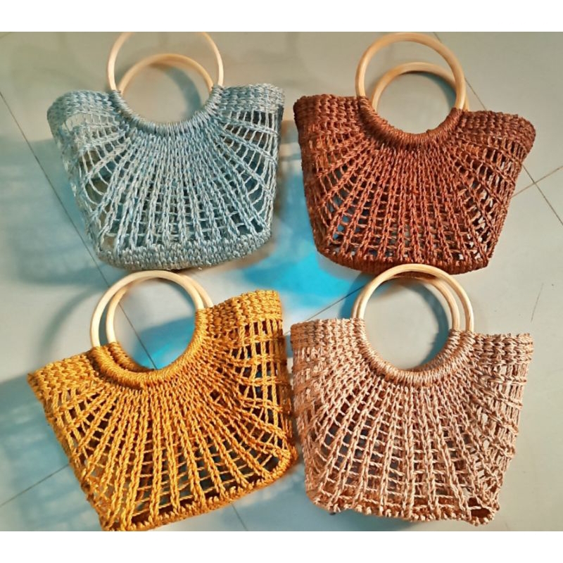 Abaca hand bag wooden handle see through native bag knitted bag woven ...