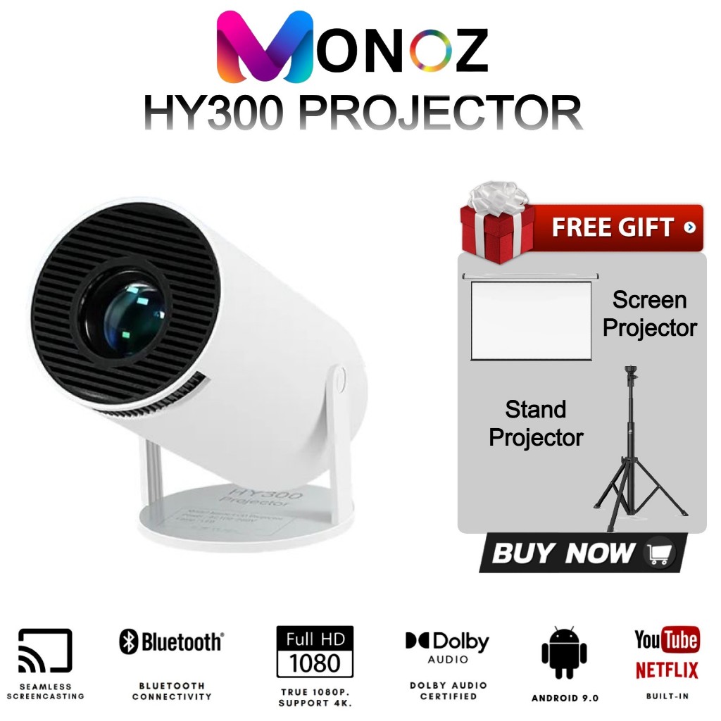 MONOZ HY300 PRO Mini Portable Projector 4K UHD Android 11.0 WIFI ...