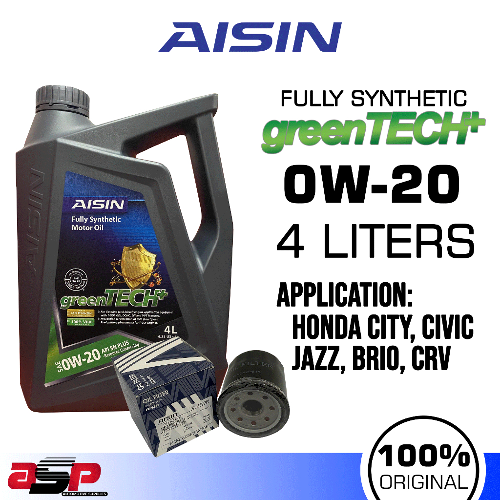 AISIN 0W-20 greenTECH+ Fully Synthetic Engine Oil 4 Liters Bundle for Honda City, Civic, Jazz ...