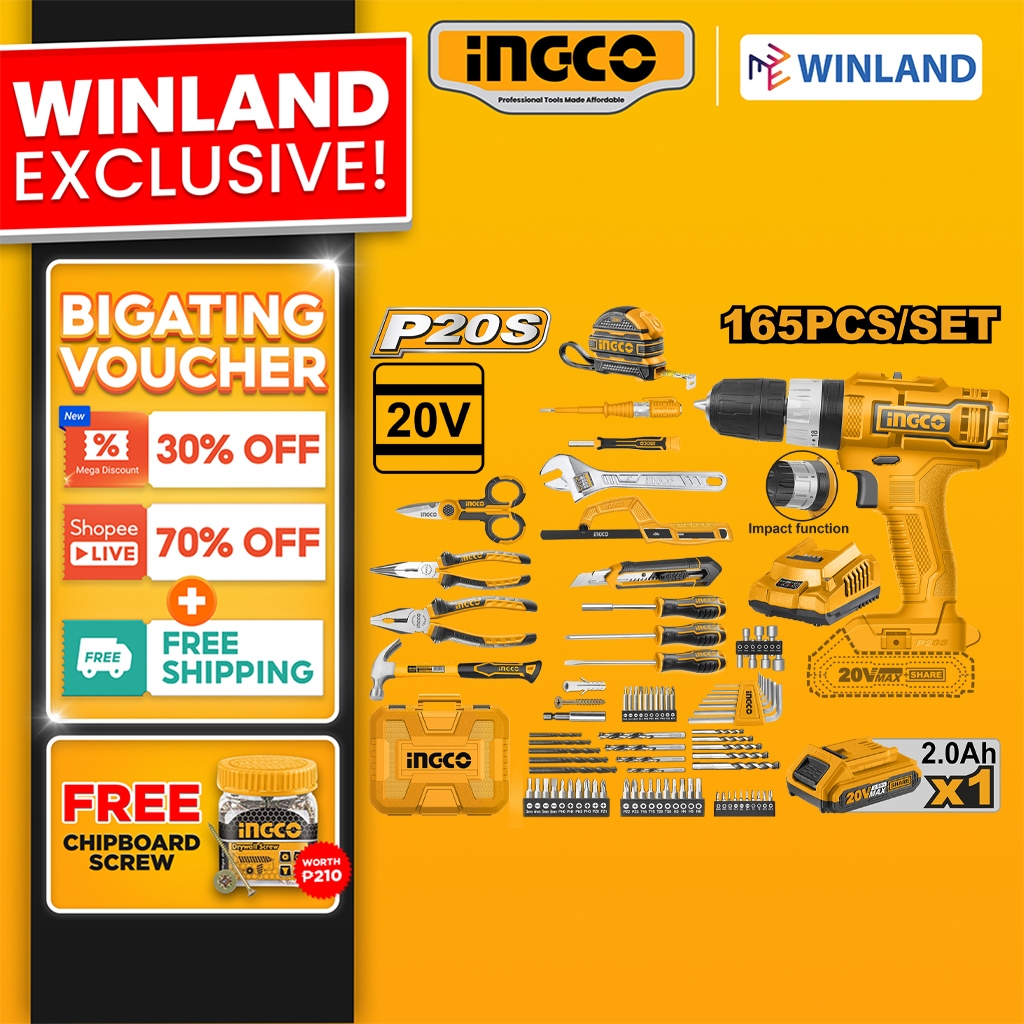 Ingco by Winland Lithium-Ion Impact Drill w/165PCS Tools Set Accessories HKTHP11651 P20S ING-CT ...