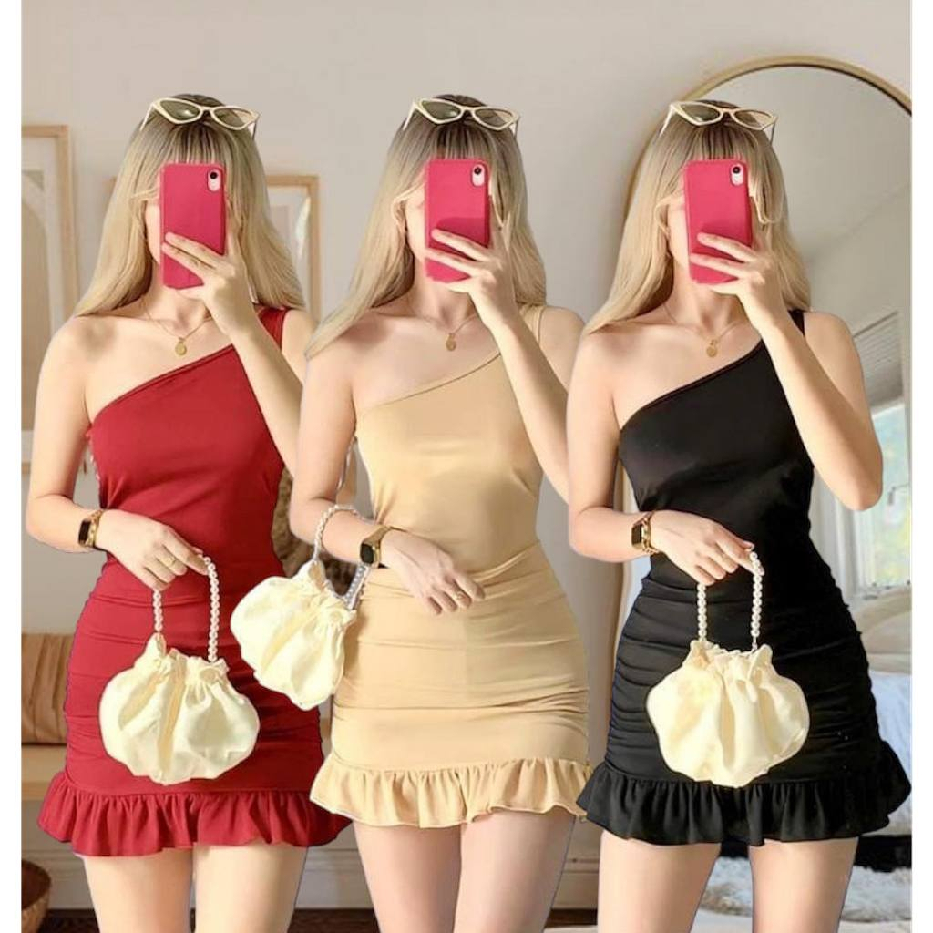 EMILY Korean Ruffle One Sided Plain Mini Bodycon Sexy Dress Casual ...