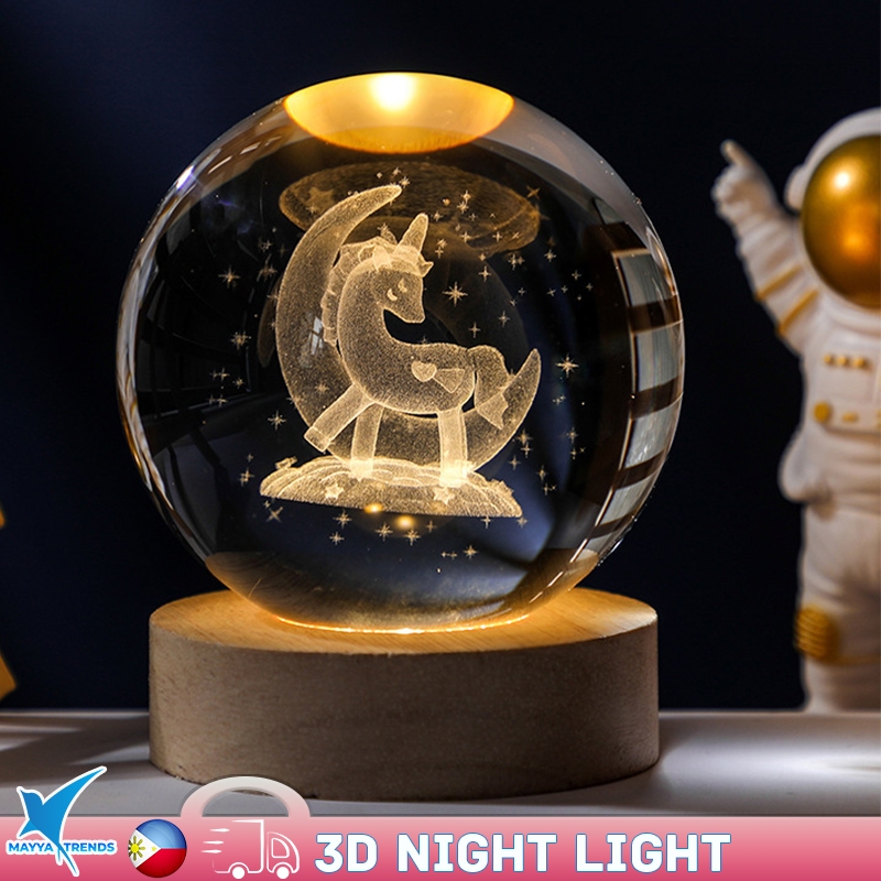 3D lamp crystal ball night lamp USB table light with wooden base ...