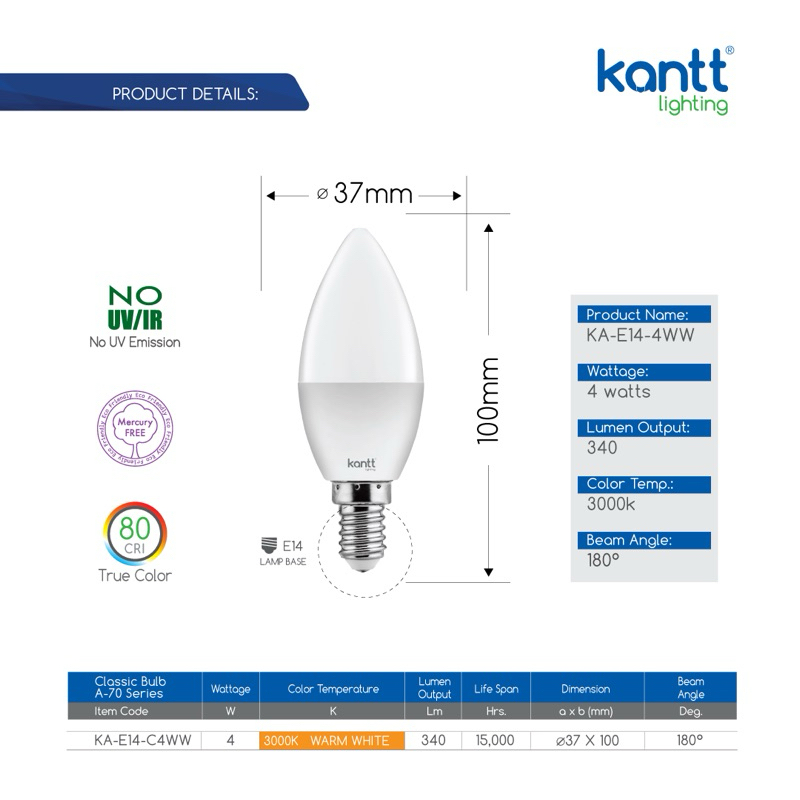 Kantt Lighting E14 Candle LED Light Bulb - 4W (Daylight & Warm White ...