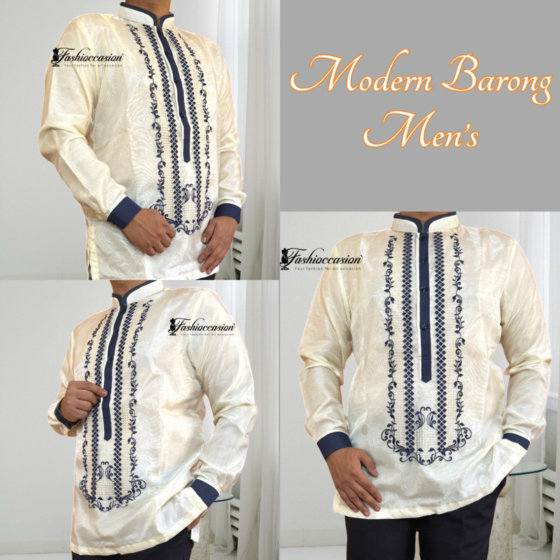 Modern Barong Men’s Chinese Collar w/ Navy Blue Burda and Piping ...