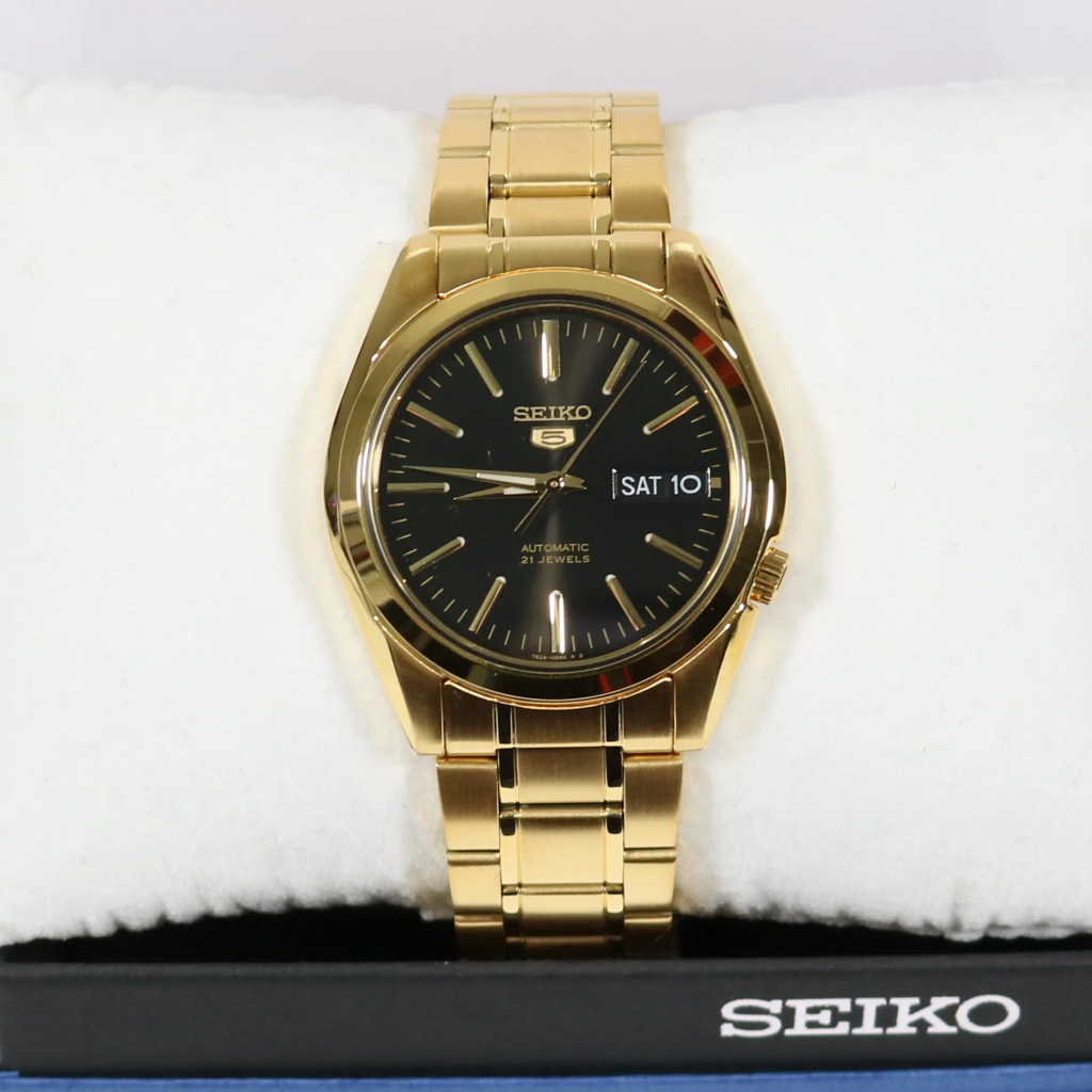 Seiko 5 Gold Tone Stainless Steel Black Dial Men's Automatic Watch ...