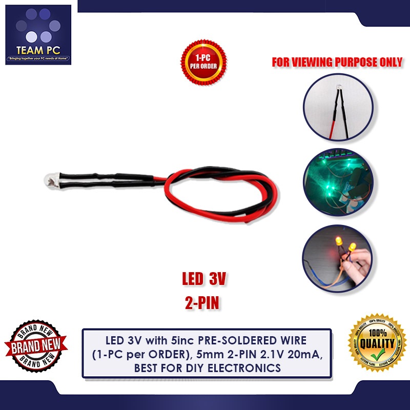 LED 3V with 5inc PRE-SOLDERED WIRE (1-PC per ORDER), 5mm 2-PIN 2.1V ...